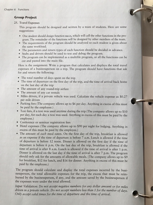 Solved Chapter 6 Functions Group Project 25. Travel Expenses | Chegg.com