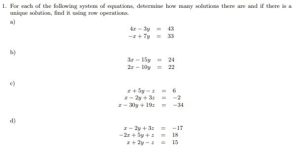 Solved 1. For each of the following system of equations, | Chegg.com