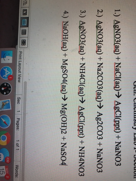 Solved l.) AgNO3(aq) + NaCl(aq)→ AgCl(ppt) + NaNO3 2) | Chegg.com