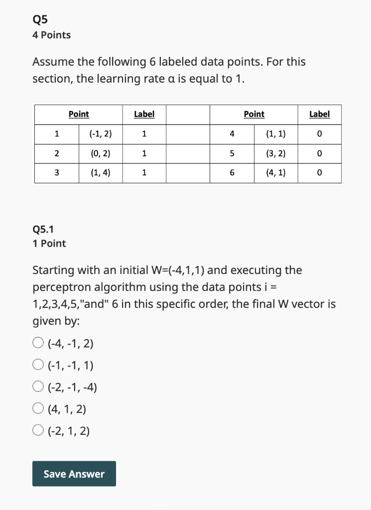 Solved Q5 4 Points Assume the following 6 labeled data | Chegg.com
