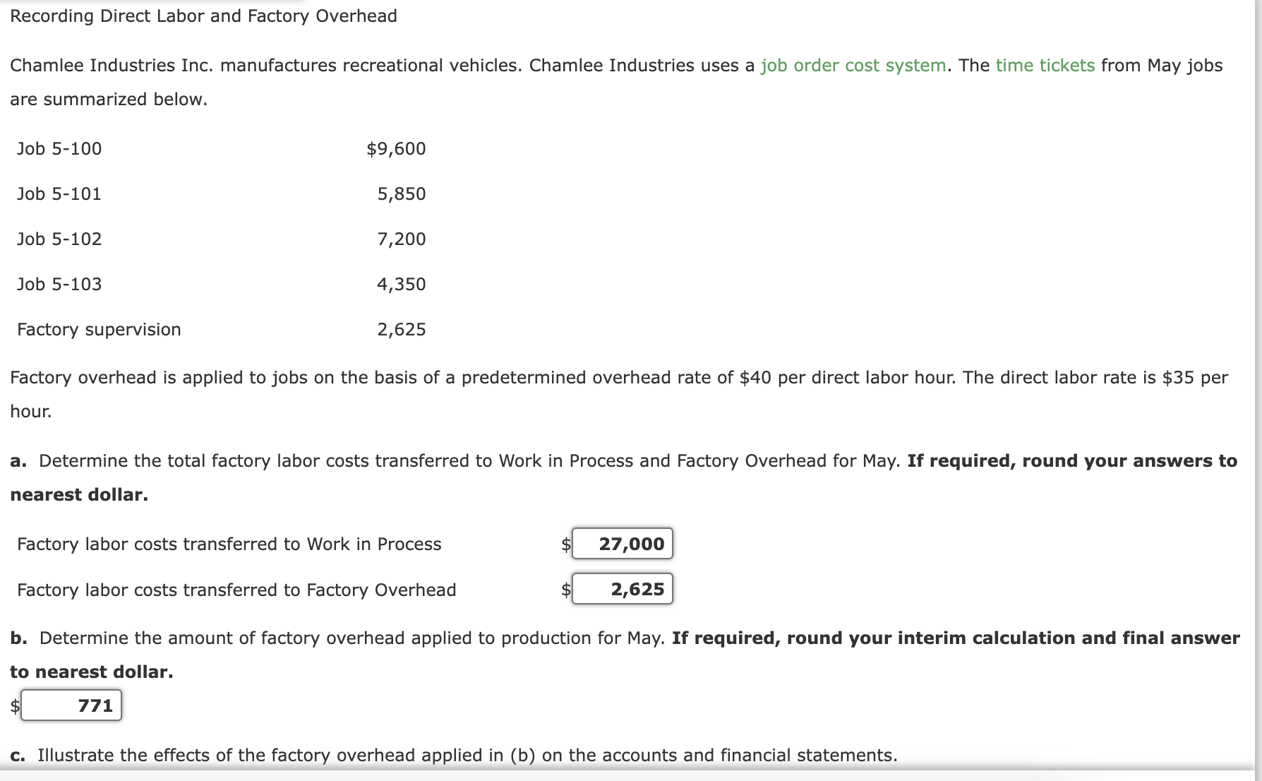 Recording Direct Labor and Factory Overhead Chamlee | Chegg.com