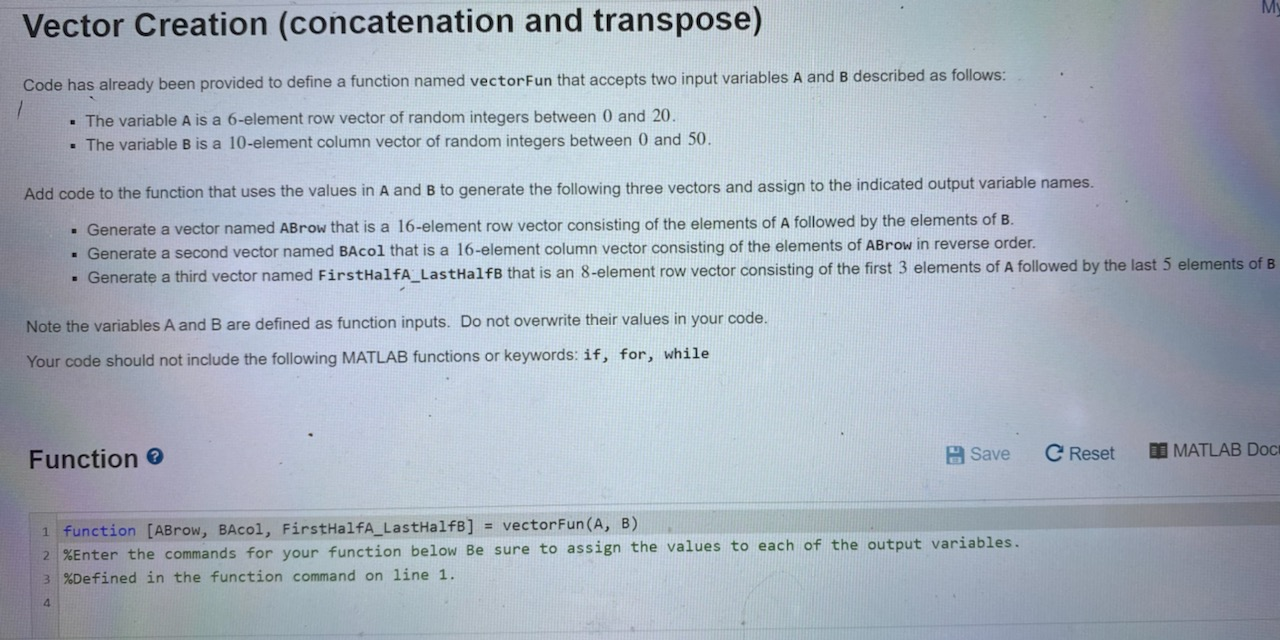Solved Vector Creation (concatenation and transpose) Code | Chegg.com