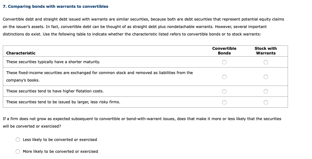 Solved 7. Comparing bonds with warrants to convertibles | Chegg.com