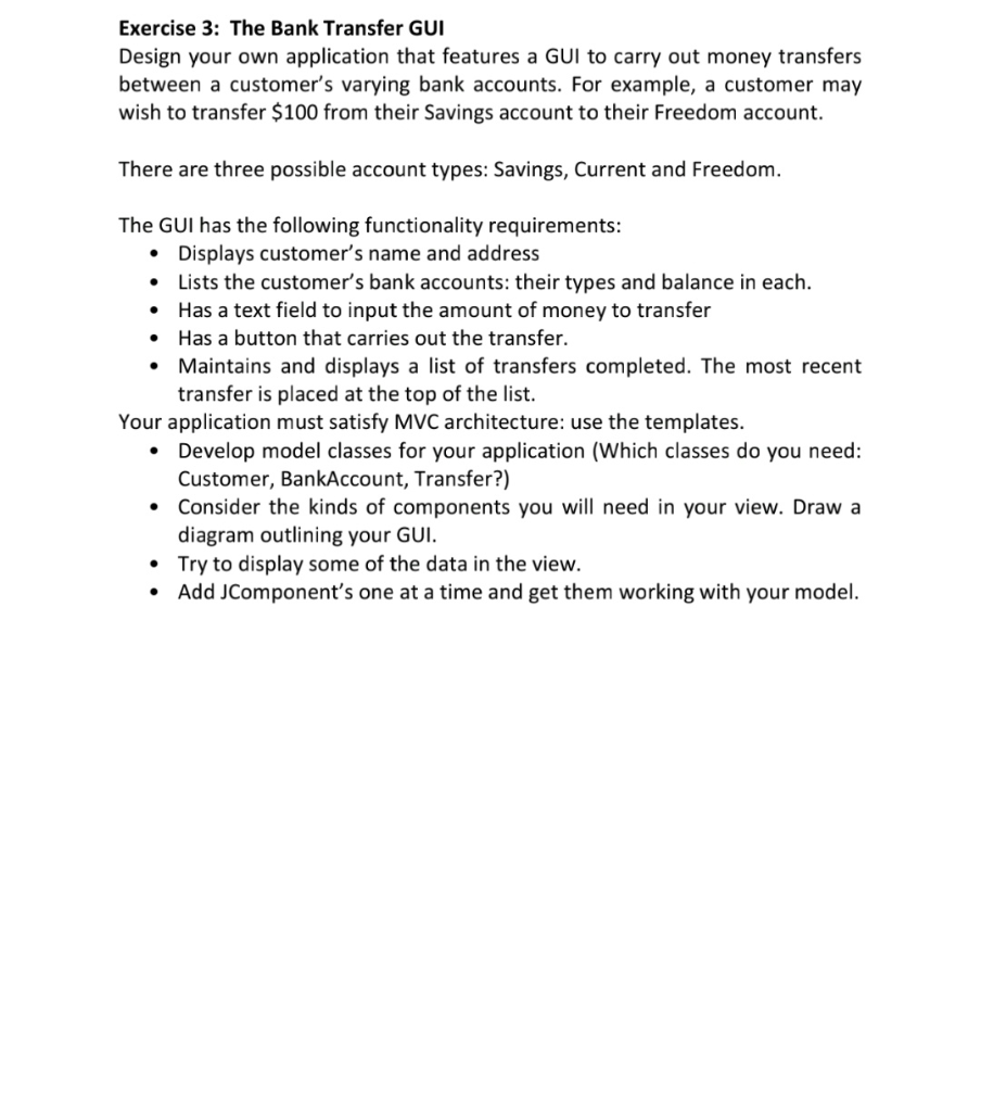 Exercise 3: The Bank Transfer GUI Design your own | Chegg.com