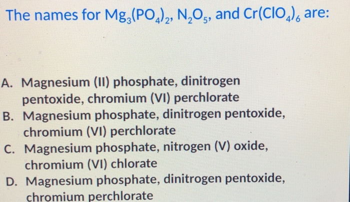 Solved The names for Ms(PO4)2,N,05, and Cr(CIO4)6 are: A. | Chegg.com