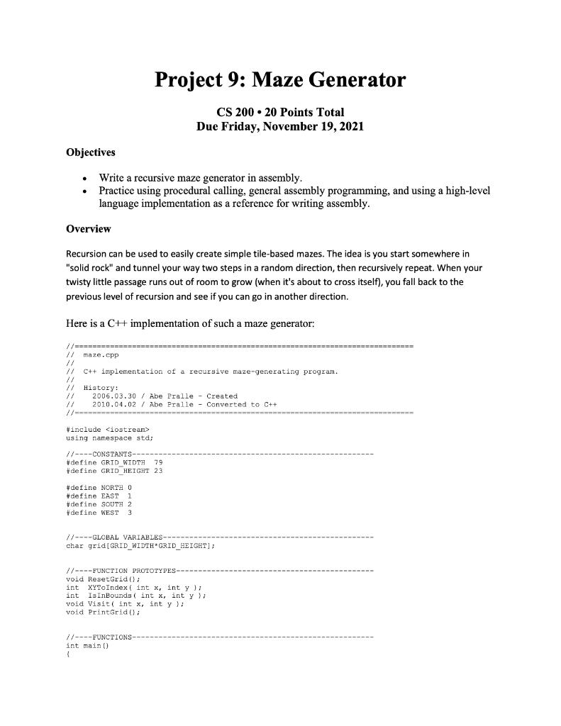 Project 9: Maze Generator CS 200 20 Points Total Due | Chegg.com