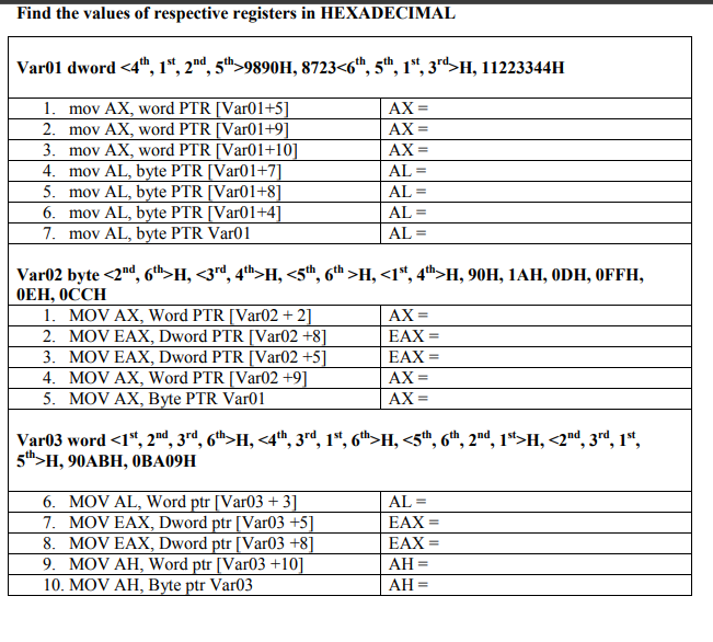 Find the values of respective registers in | Chegg.com