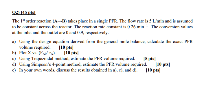 Solved Q2) [45 pts) The 1st order reaction (A--B) takes | Chegg.com
