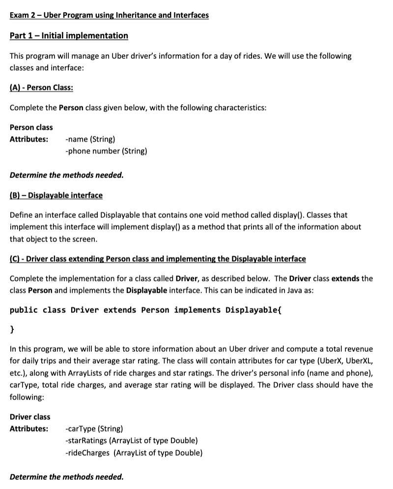 Solved Exam 2- Uber Program using Inheritance and Interfaces | Chegg.com
