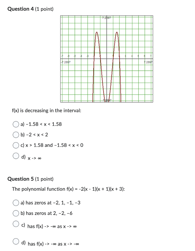 Solved Question 4 (1 point) f(x) is decreasing in the | Chegg.com