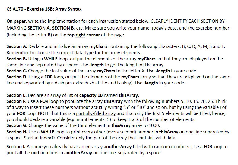 Solved CS A170 - Exercise 16B: Array Syntax On paper, write | Chegg.com