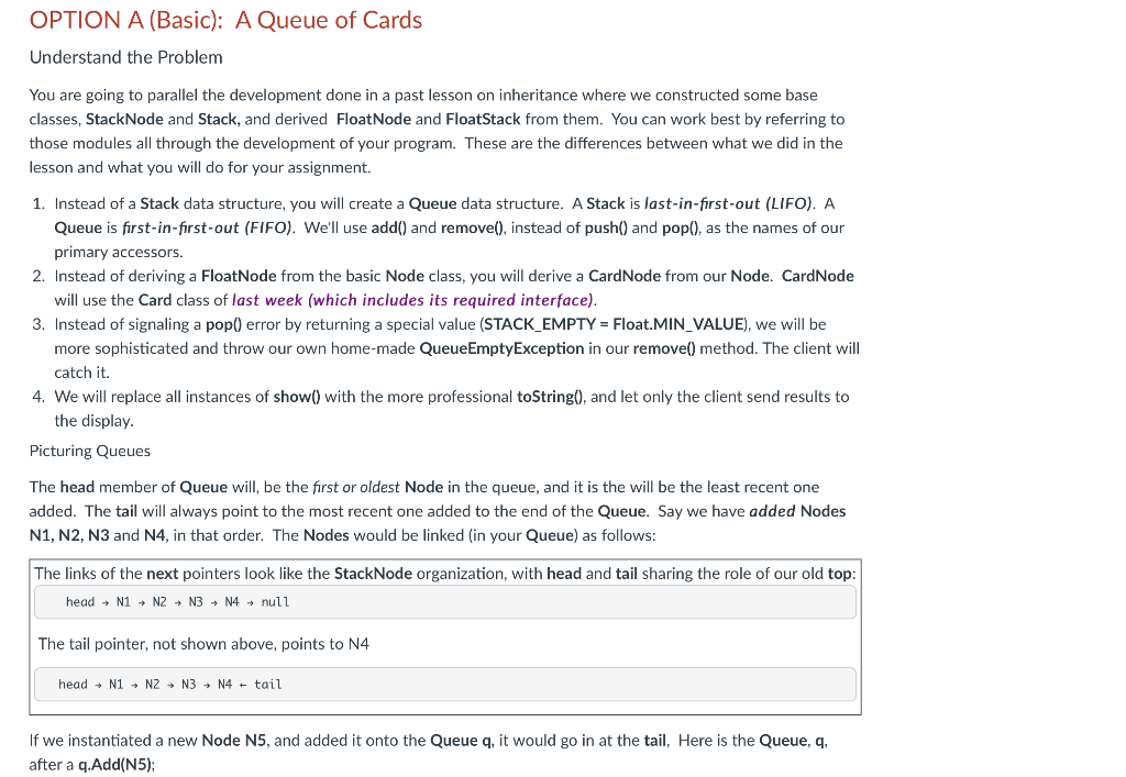 Solved OPTION A (Basic): A Queue of Cards Understand the | Chegg.com