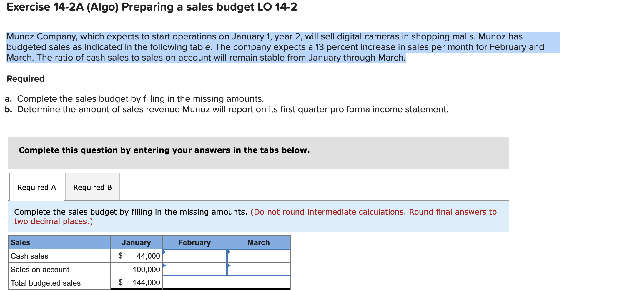 Solved Exercise 14-2A (Algo) Preparing a sales budget LO | Chegg.com