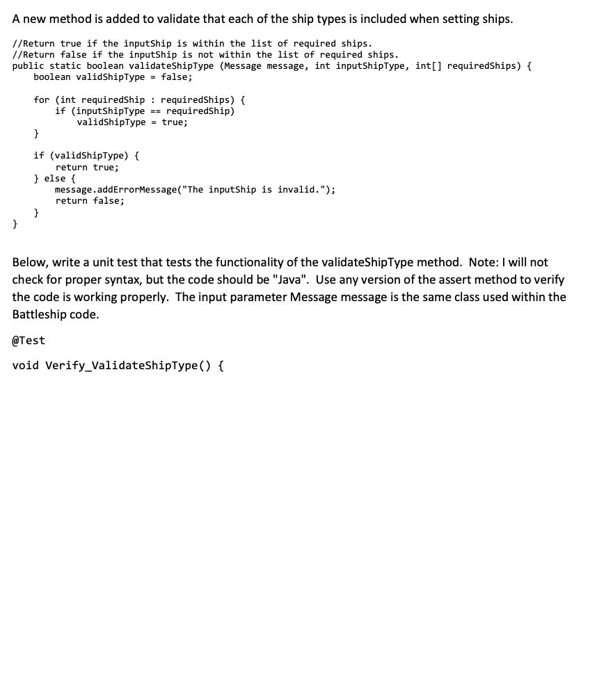 Solved A new method is added to validate that each of the | Chegg.com