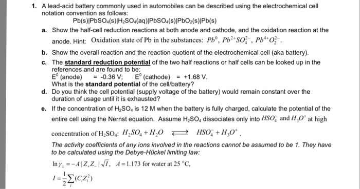 Solved 1. A lead-acid battery commonly used in automobiles | Chegg.com