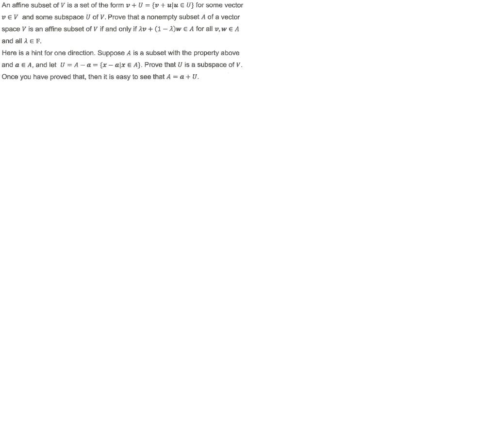 Solved An affine subset of V is a set of the form + U = {v | Chegg.com