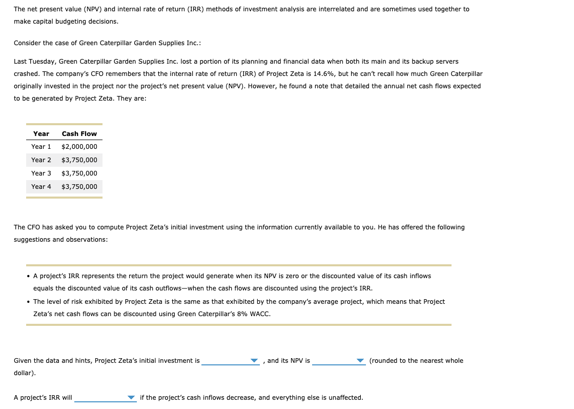 Solved intial investment is: $9,406,225; $9,266,330; | Chegg.com