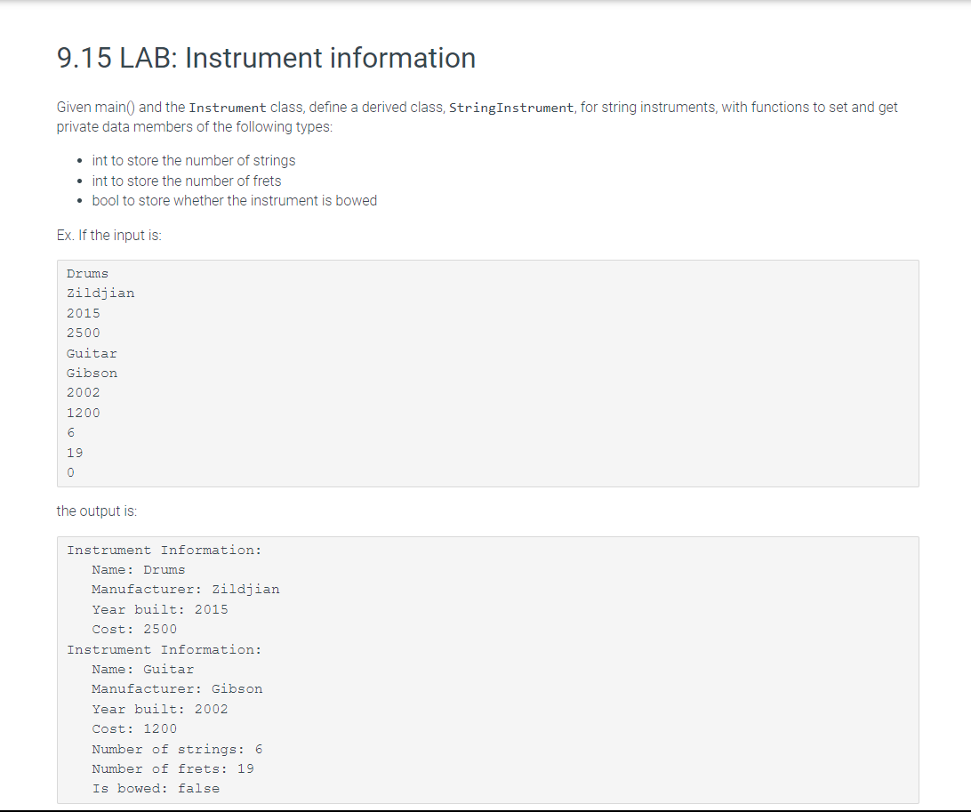 Solved 9.15 LAB: Instrument information Given main () and | Chegg.com