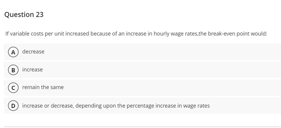 Solved Question 23If variable costs per unit increased | Chegg.com