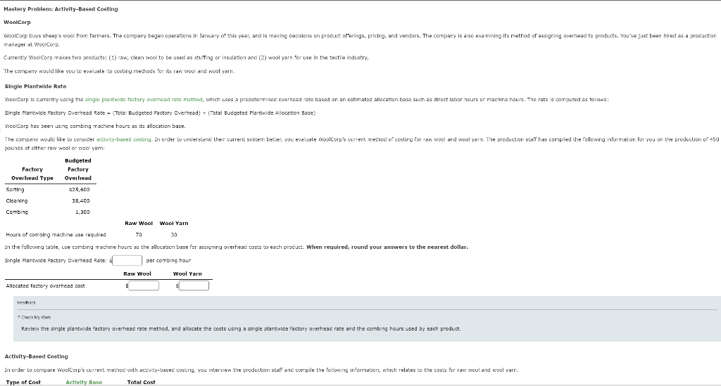 Solved Mastery Problens: Activity-Based Costing Wonlcorp | Chegg.com