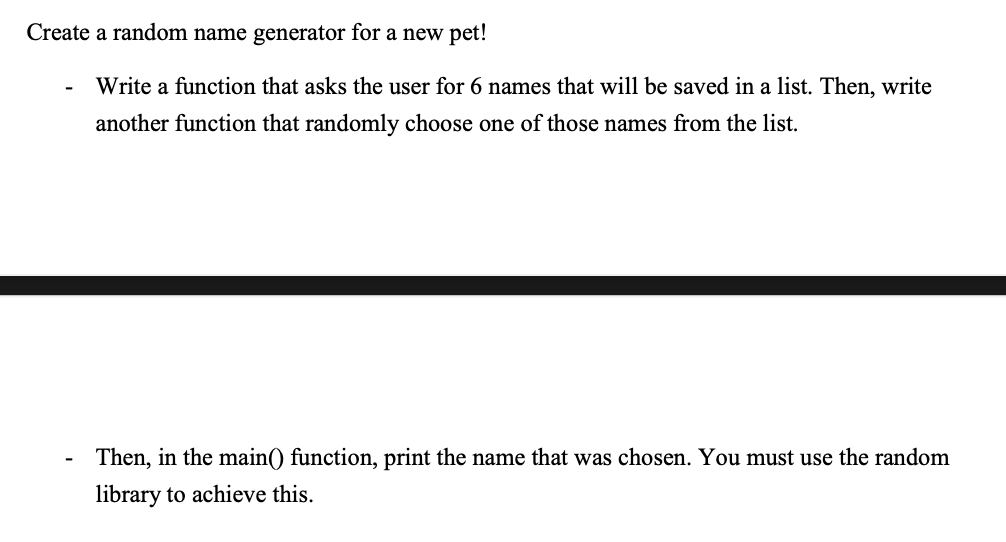 Solved Create a random name generator for a new pet! Write a | Chegg.com