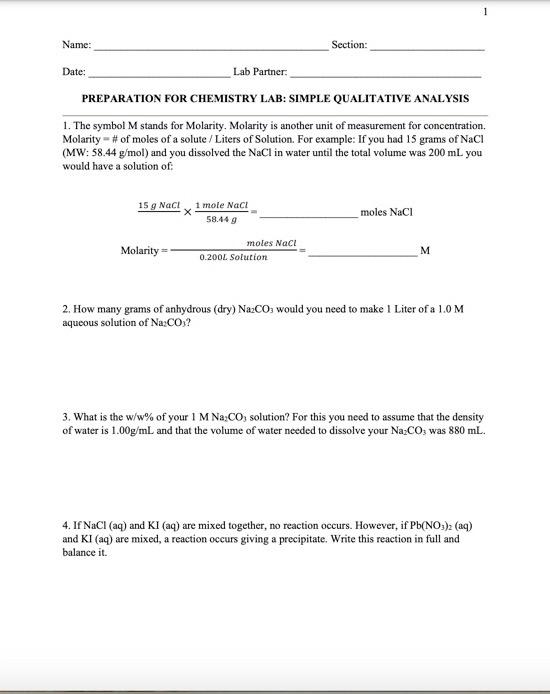 Solved Name: Section: Date: Lab Partner. PREPARATION FOR | Chegg.com