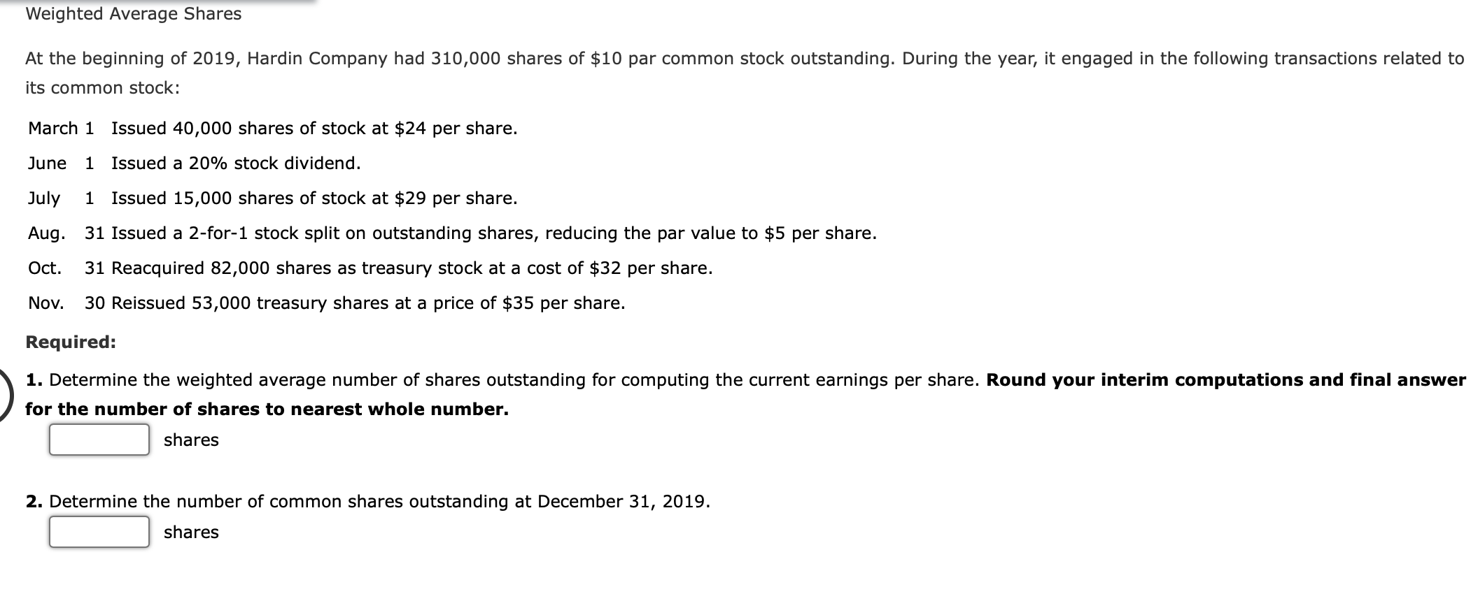 Solved At the beginning of 2019, Hardin Company had 310,000 | Chegg.com