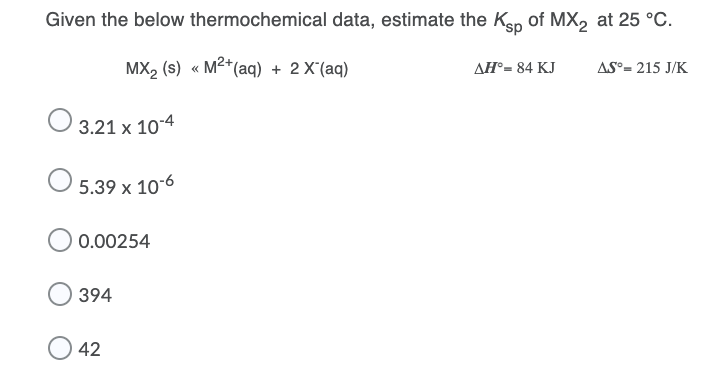 Solved Given the below thermochemical data, estimate the Ksp | Chegg.com