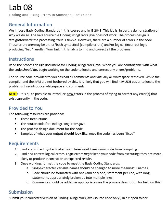 Lab 08 Finding and Fixing Errors in Someone Else's | Chegg.com