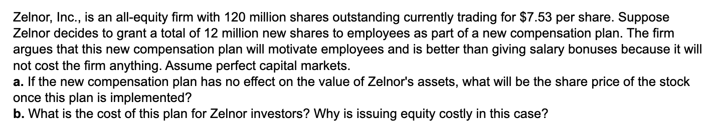 Solved Zelnor, Inc., is an all-equity firm with 120 million | Chegg.com