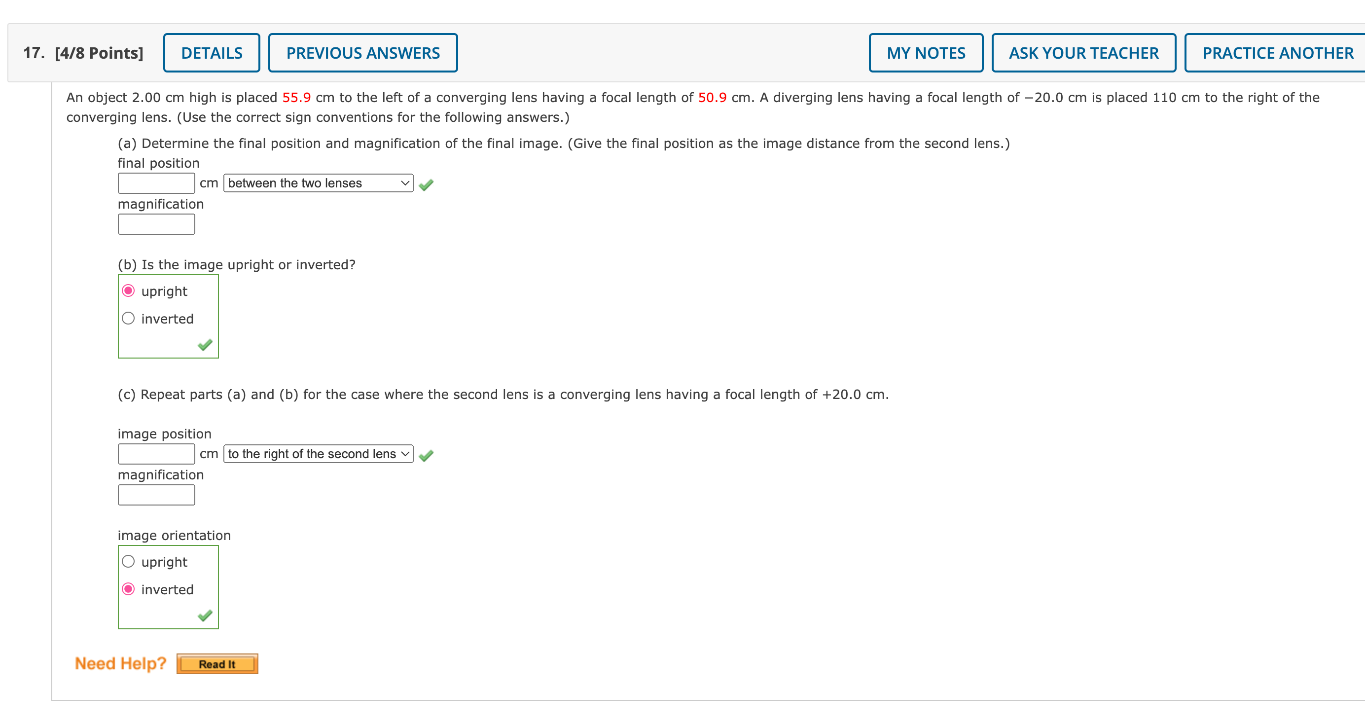 Solved converging lens. (Use the correct sign conventions | Chegg.com