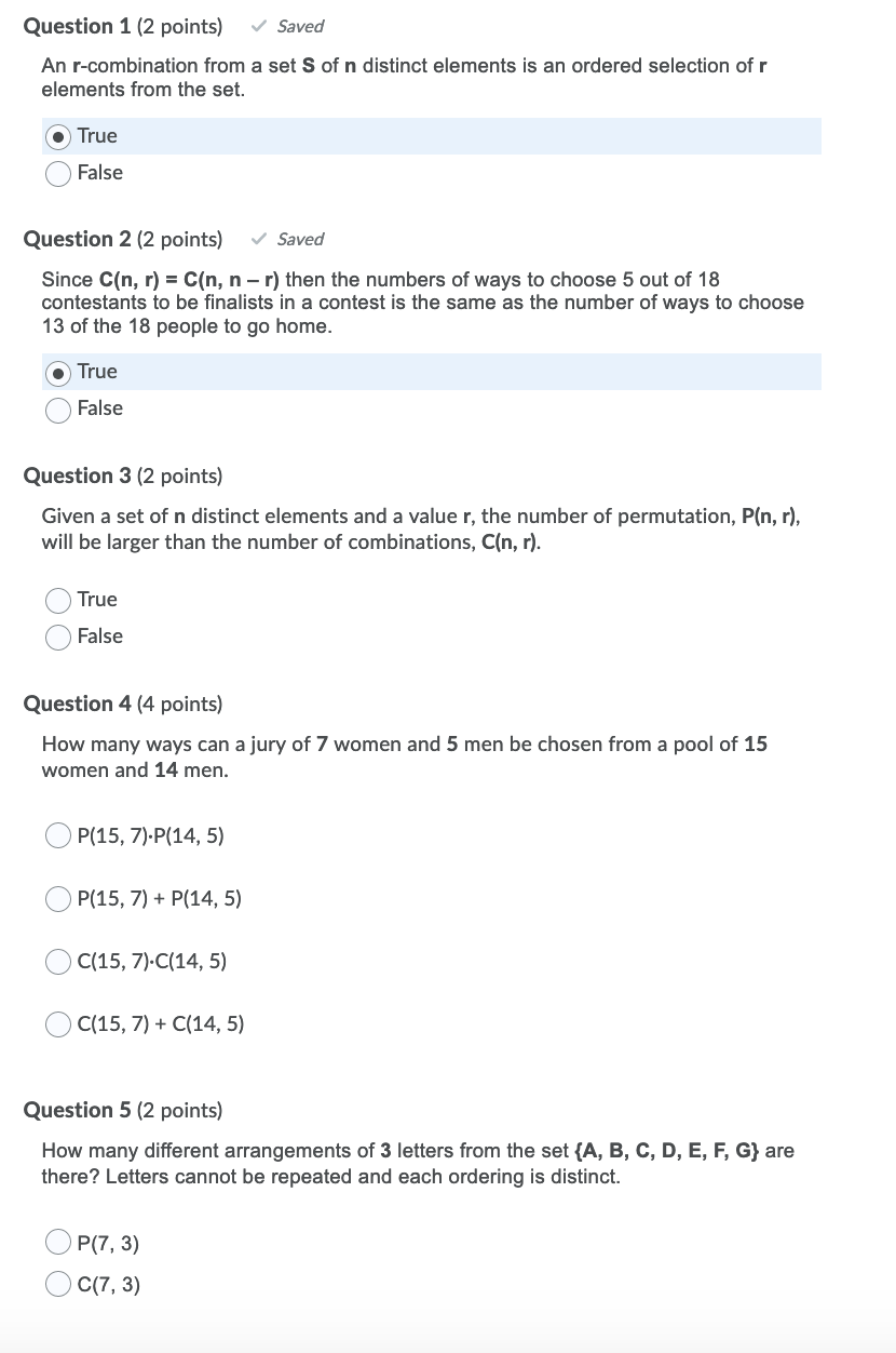 Solved Question 1 (2 points) Saved An r-combination from a | Chegg.com