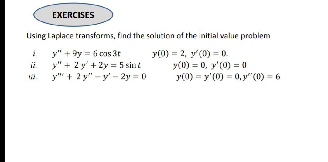 Solved EXERCISES Using Laplace transforms, find the solution | Chegg.com