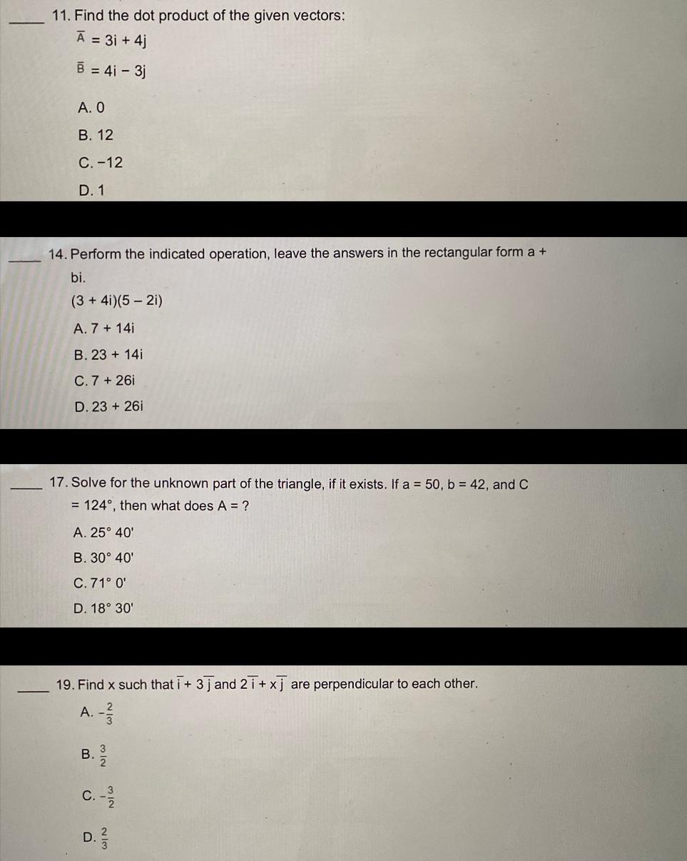 Solved 11. Find the dot product of the given vectors: A = 3i | Chegg.com