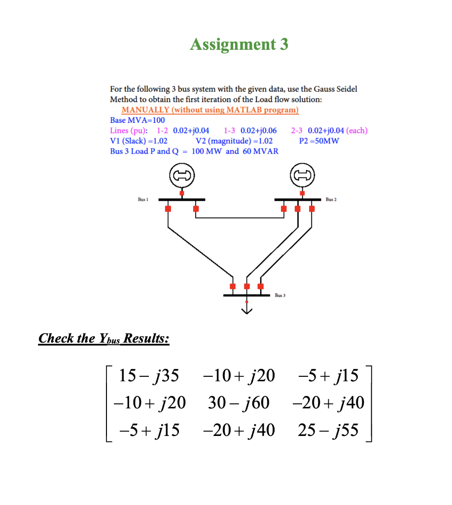 Solved Assignment 3 For the following 3 bus system with the | Chegg.com