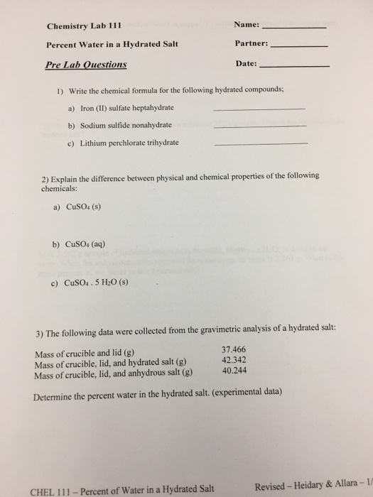 Solved Chemistry Lab 111 Percent Water in a Hydrated Salt | Chegg.com