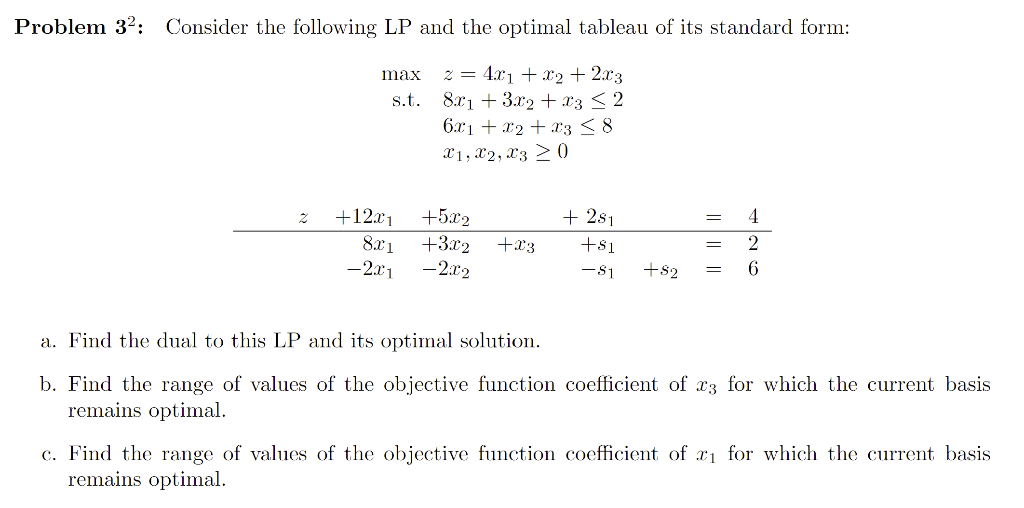 Solved Problem 32: Consider the following LP and the optimal | Chegg.com
