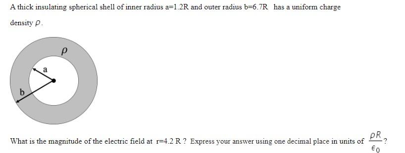 Solved A thick insulating spherical shell of inner radius | Chegg.com