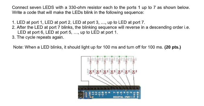 Solved Connect seven LEDS with a 330 ohm resistor each to | Chegg.com