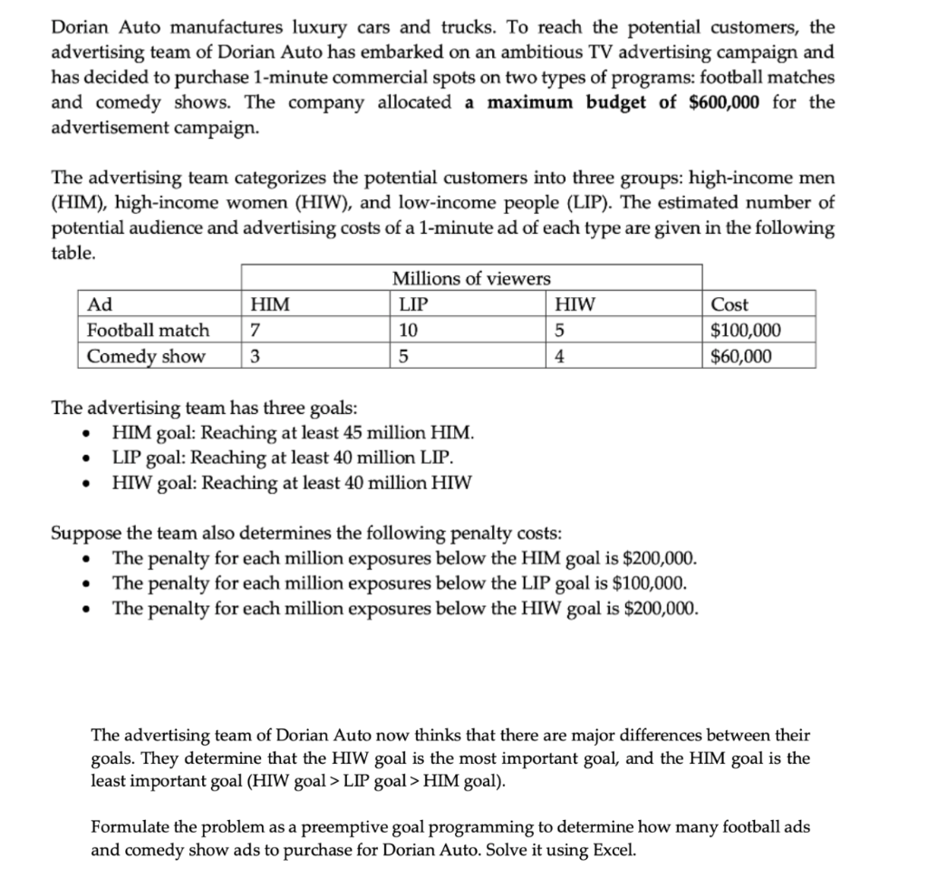 Solved Dorian Auto manufactures luxury cars and trucks. To | Chegg.com