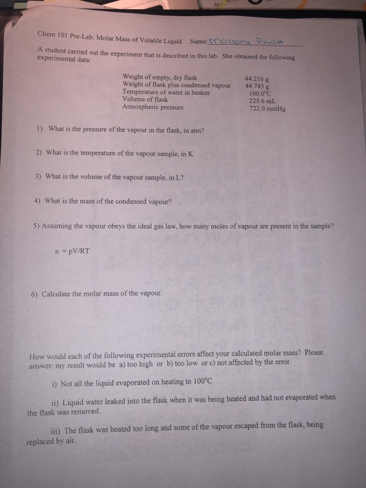 Solved Chem 101 Pre-Lab: Molar Mass of Volatile Liquid | Chegg.com