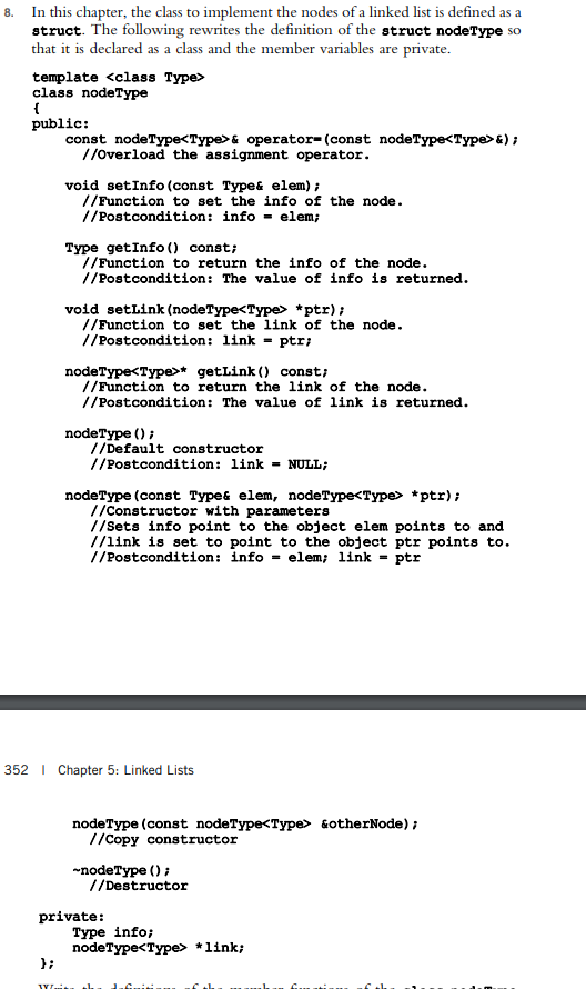 8. In this chapter, the class to implement the nodes | Chegg.com