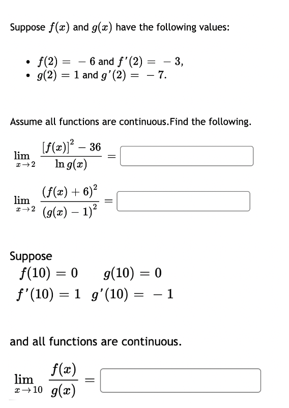 Solved Suppose f(x) and g(x) have the following values: • | Chegg.com