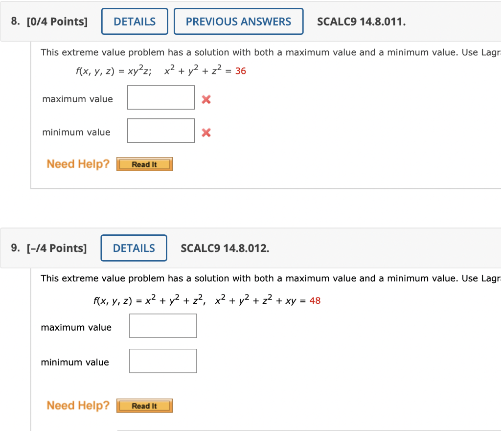 Solved 8. [0/4 Points] SCALC9 14.8.011. This extreme value | Chegg.com