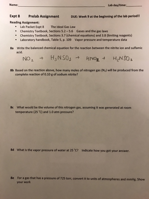 Solved Name: Lab day/time: Expt 8 Prelab Assignment DUE: | Chegg.com