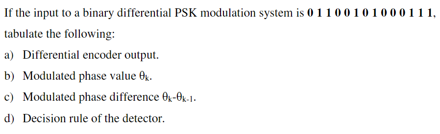 Solved If the input to a binary differential PSK modulation | Chegg.com