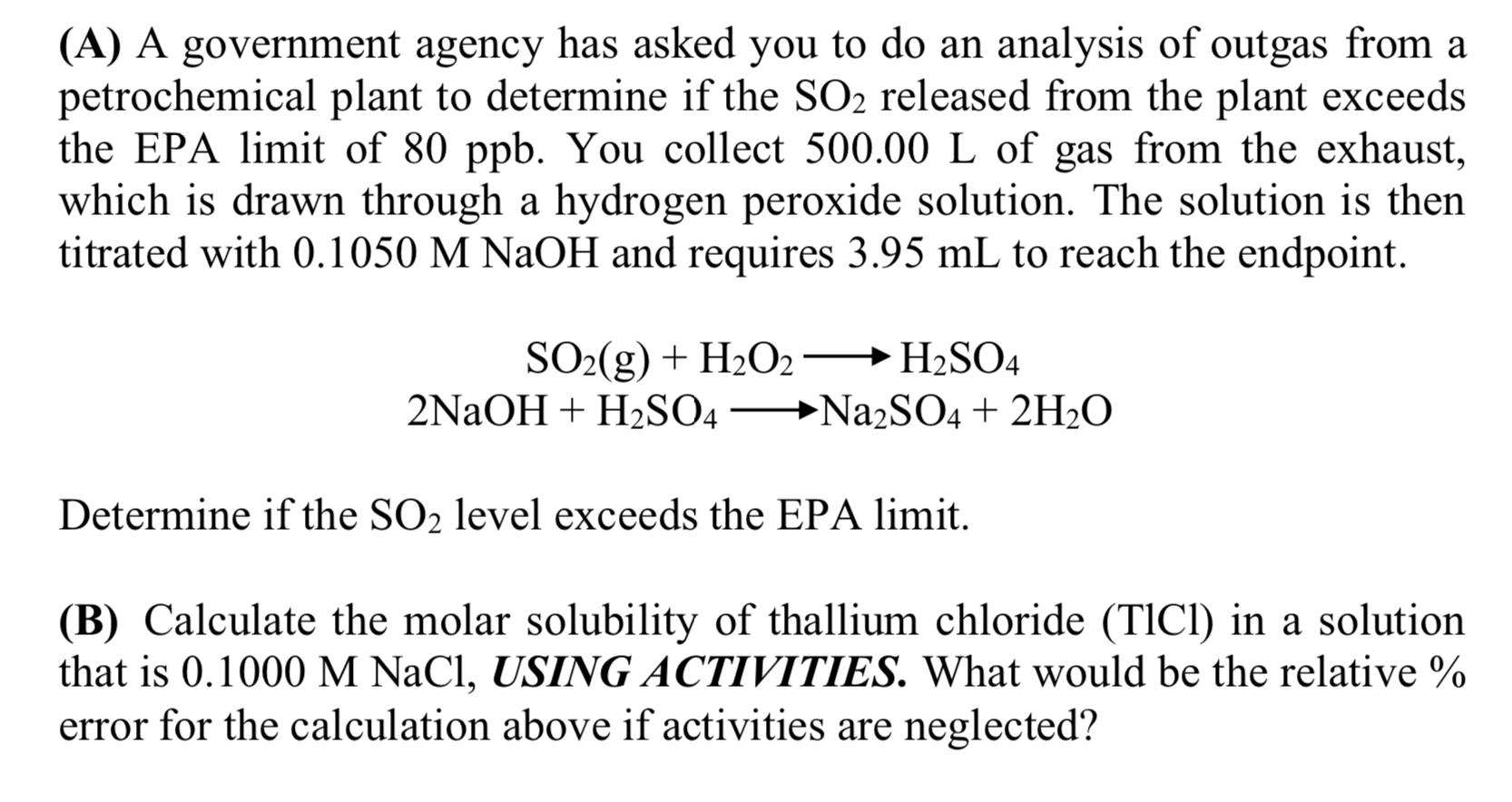 Solved (A) Determine if the SO2 level exceeds the EPA | Chegg.com