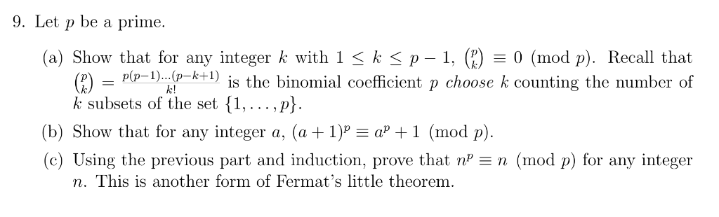 Solved 9. Let p be a prime ( a) Show that for any integer k | Chegg.com