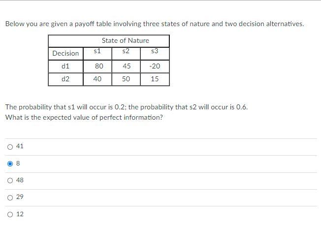 Solved Below you are given a payoff table involving three | Chegg.com