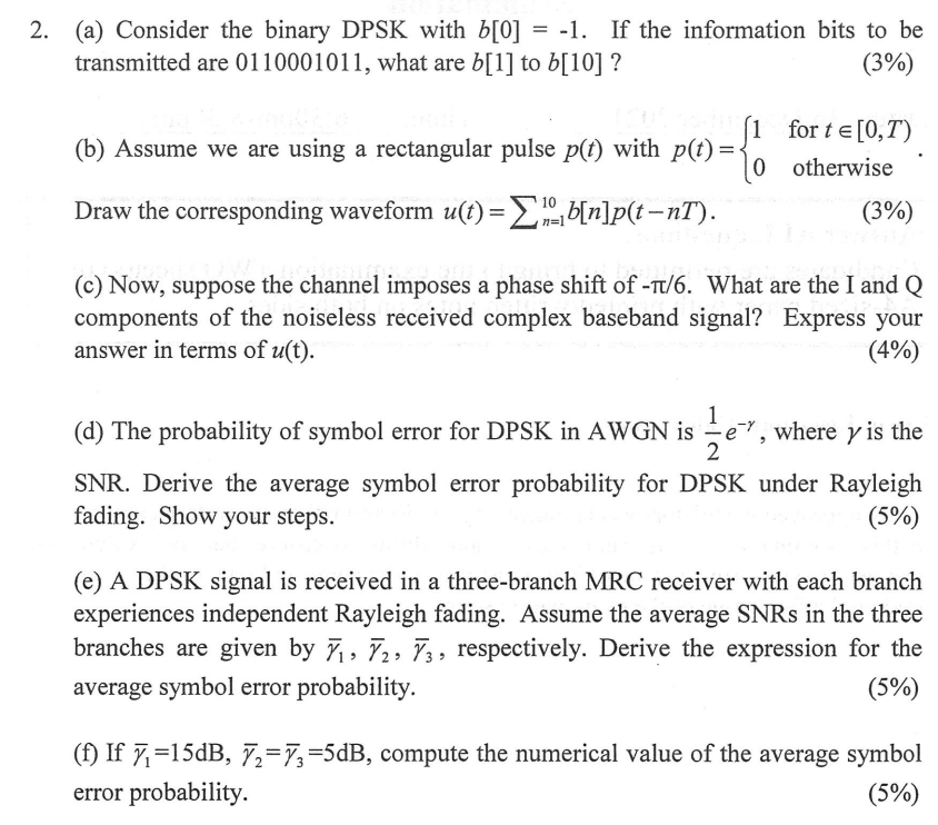 (a) Consider the binary DPSK with b[0]=−1. If the | Chegg.com